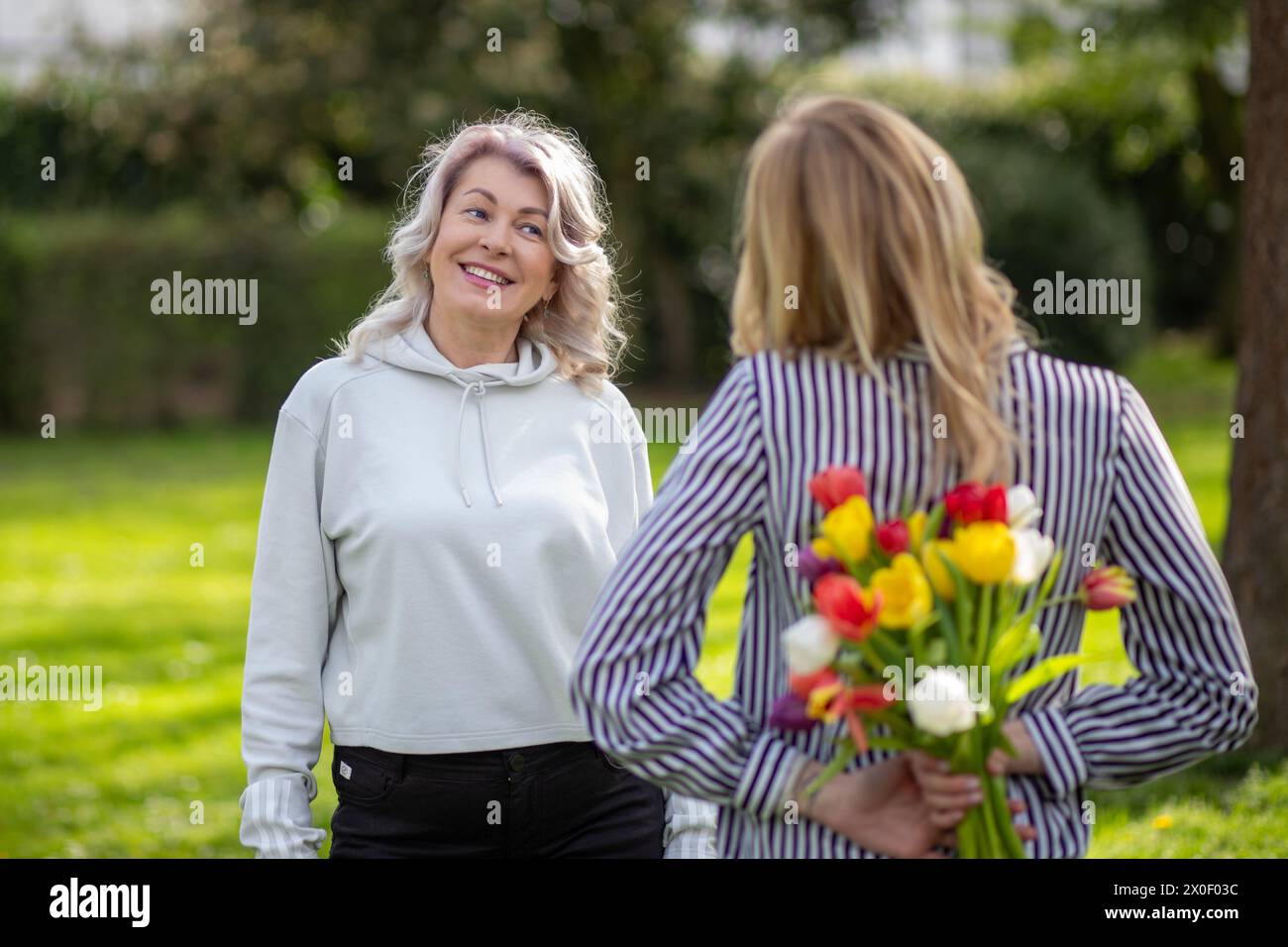 Daughter hiding tulips behind back Stock Photo - Alamy