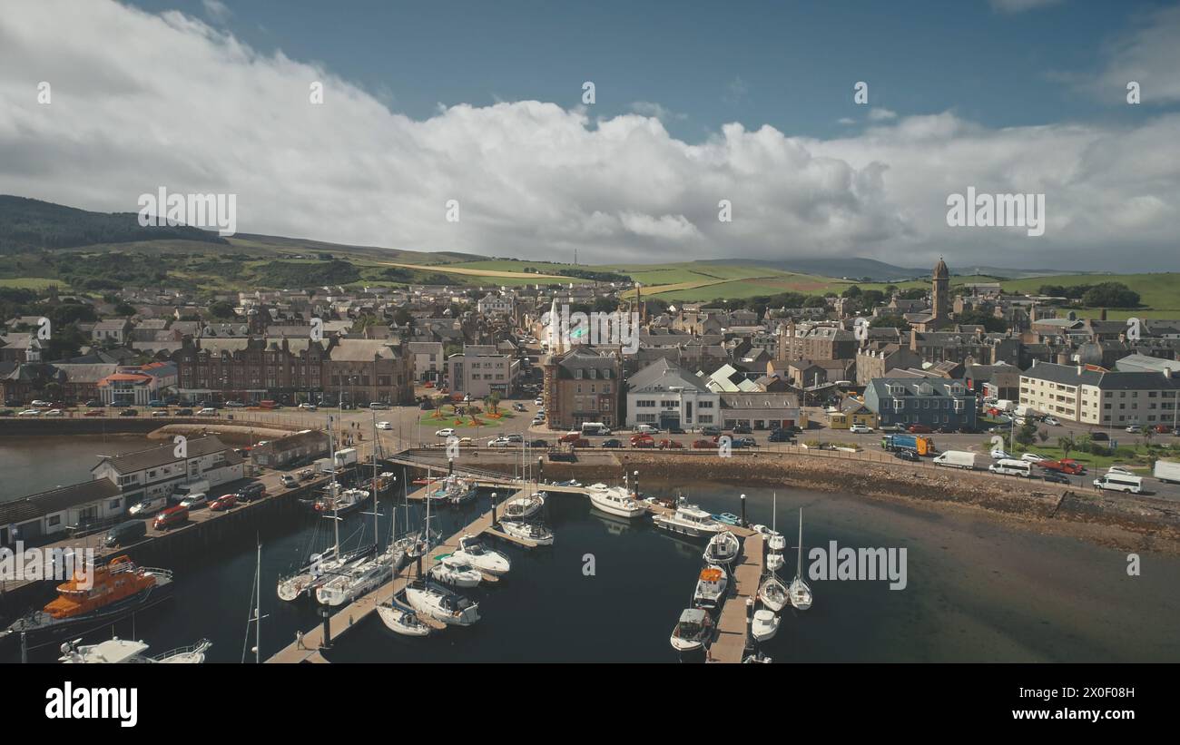 Sun marina with ships, yachts aerial. Epic cityscape of harbor town of ...