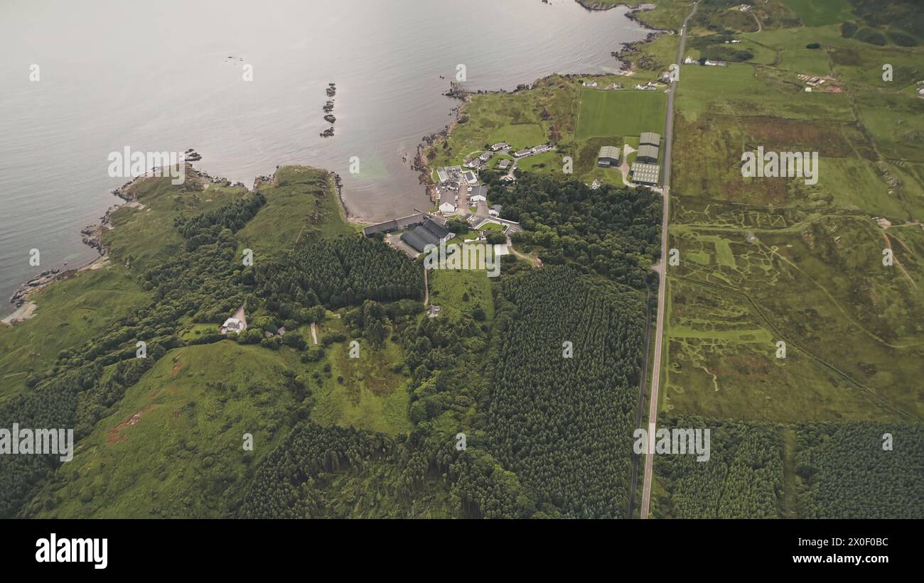 Top down factory at seascape. Aerial nobody nature landscape. Green ...