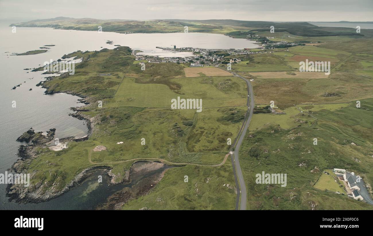 Farmland fields at pier cityscape. Rural road at seascape. Nobody ...