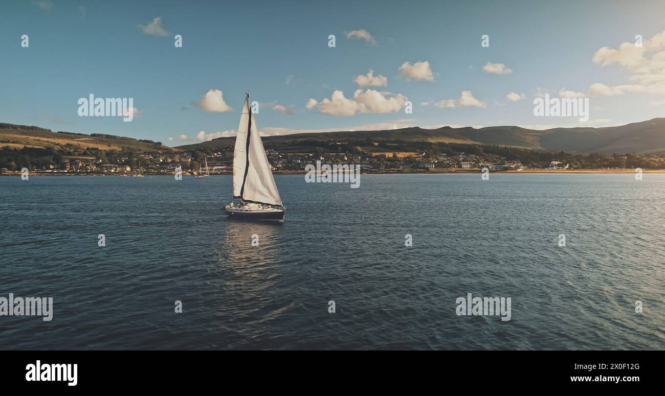 Sailing at racing yacht in open sea, sun shine aerial view. Majestic ...