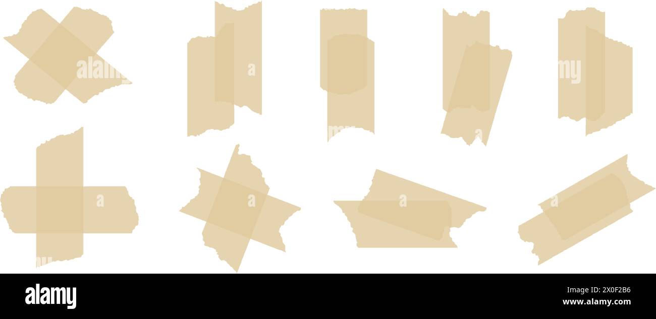Beige adhesive tape piece set. Different scotch stripes with torn ...