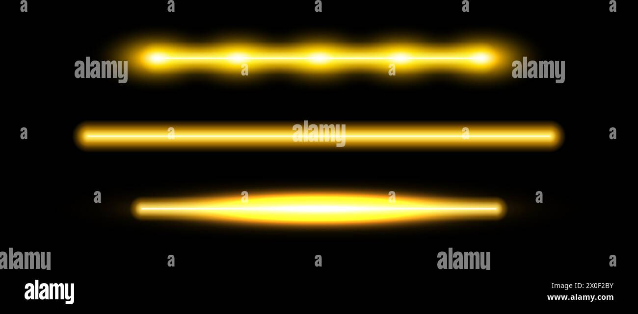 Gold neon tube lamp set. Glowing led light line beam collection. Yellow ...