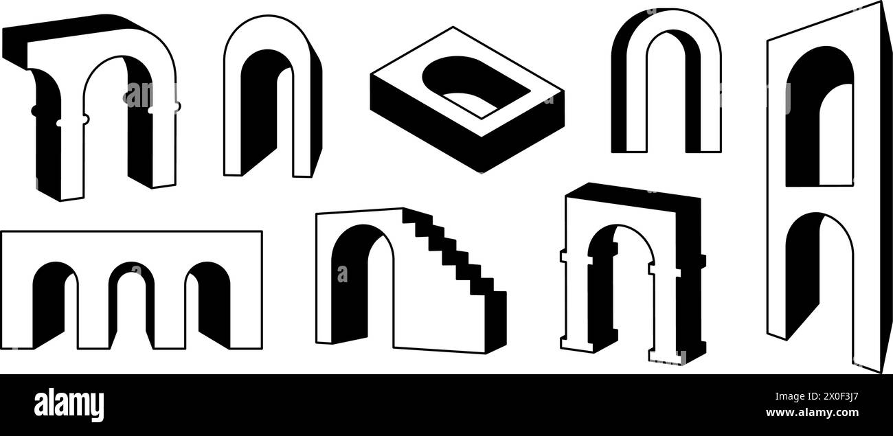 Set of linear surreal arches in perspective. Outline fun geometric ...
