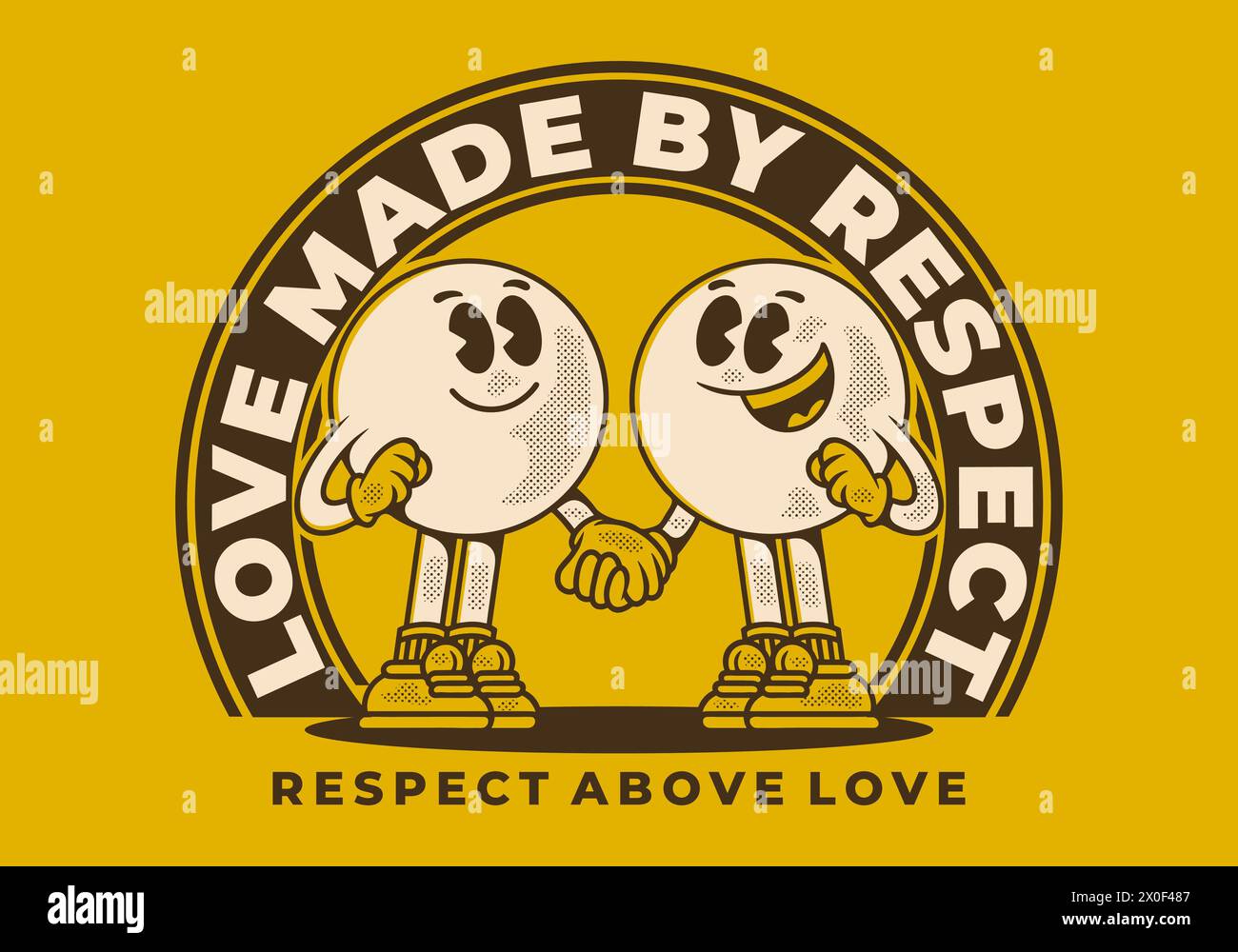 Love made by respect. Vintage mascot character of two ball head, in ...