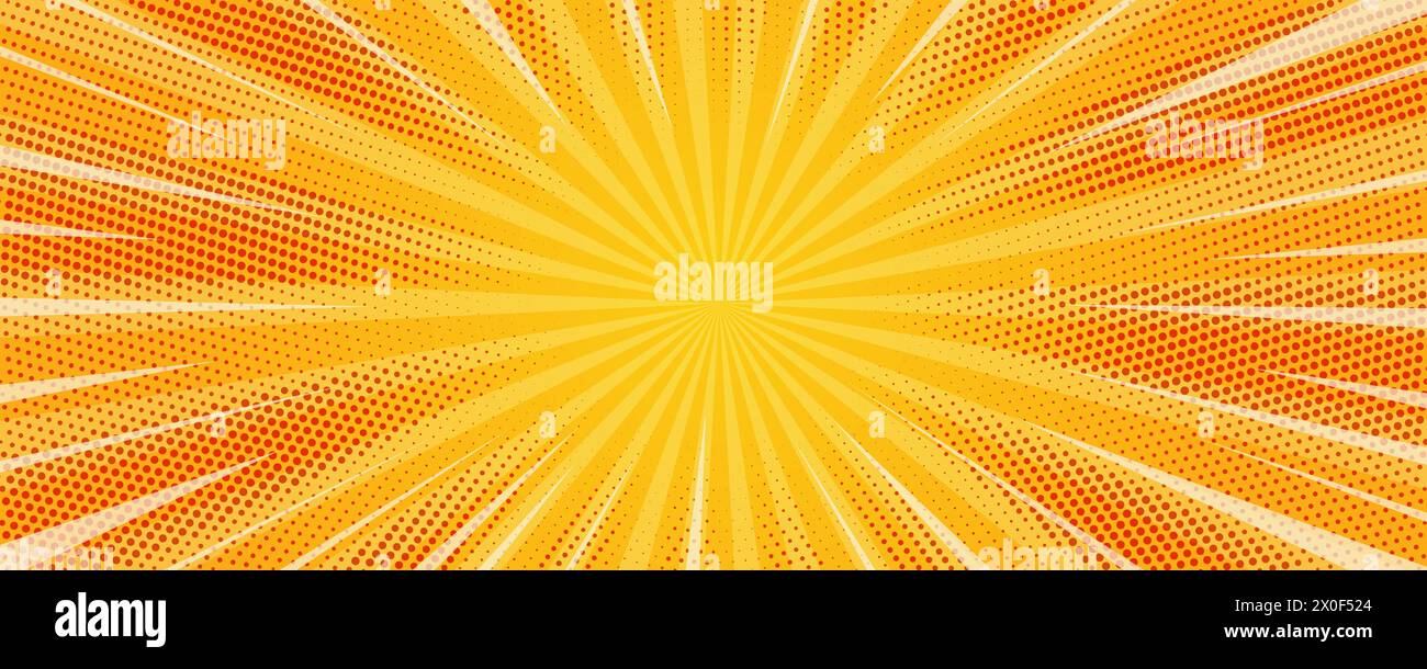Comic yellow background. Orange pop art sunburst pattern. Retro vector explosion with halftone ...