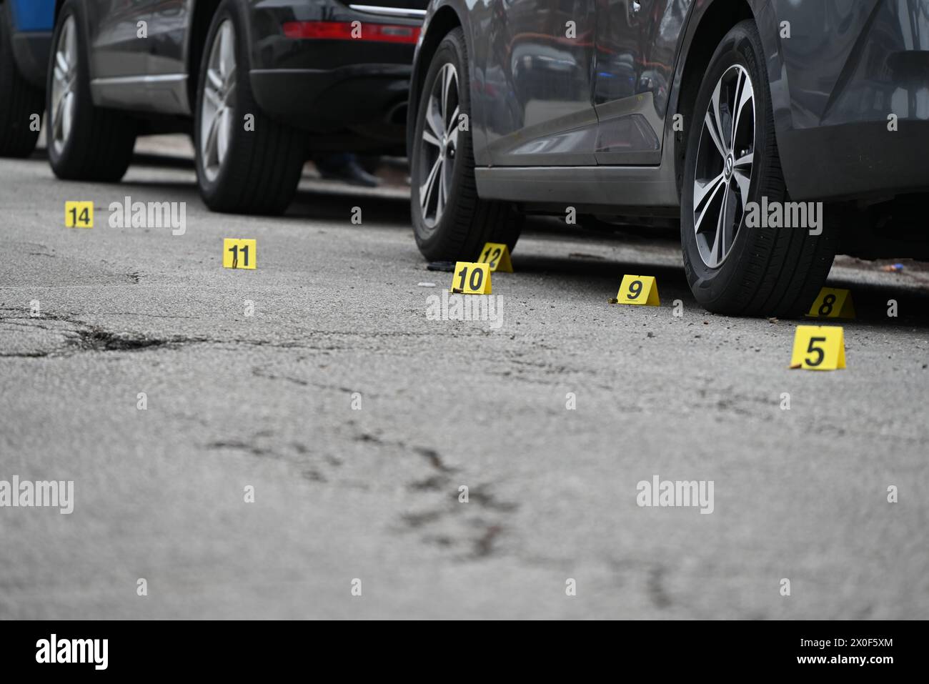 Shell casings discovered at the crime scene and marked by several ...