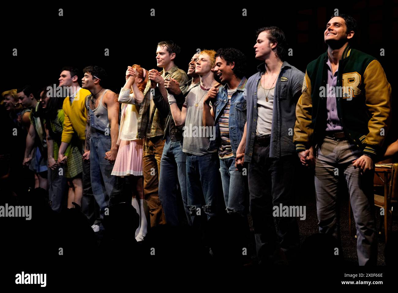 The cast of "The Outsiders" appear at the curtain call following the ...