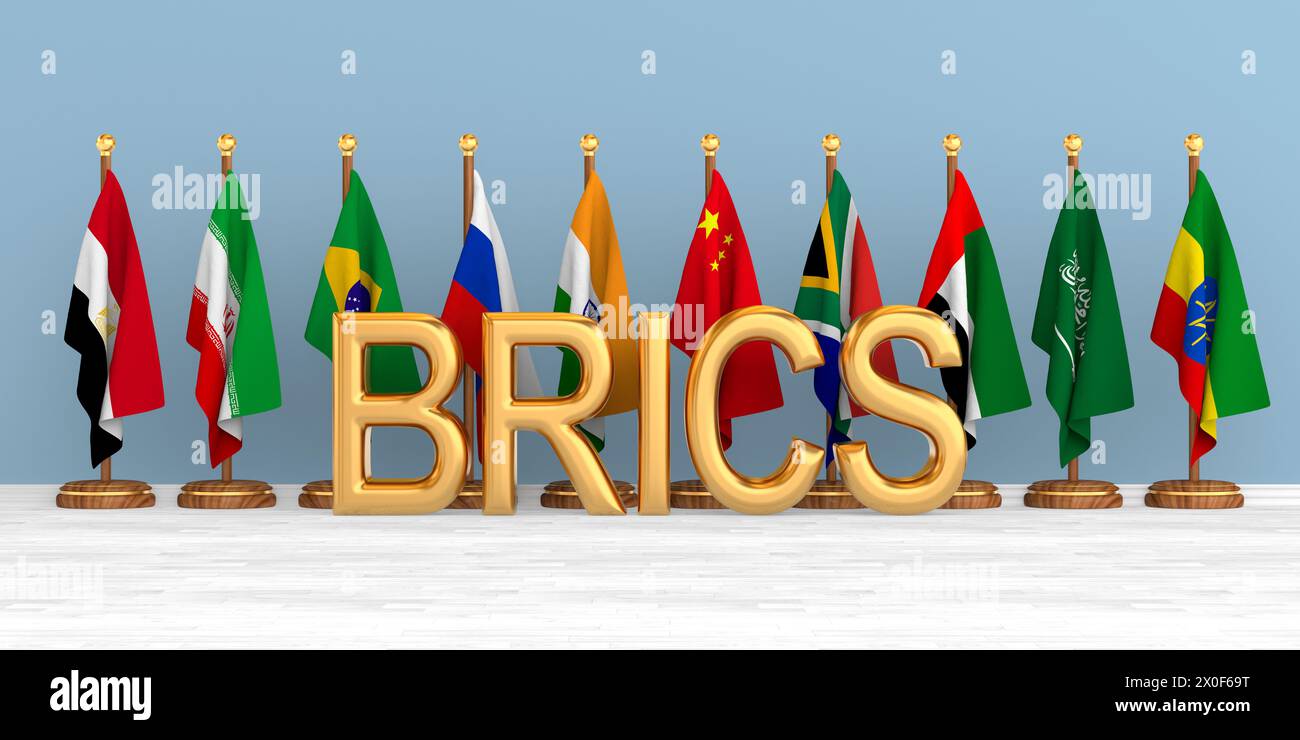 Set flags BRICS in room. 3D illustration Stock Photo - Alamy