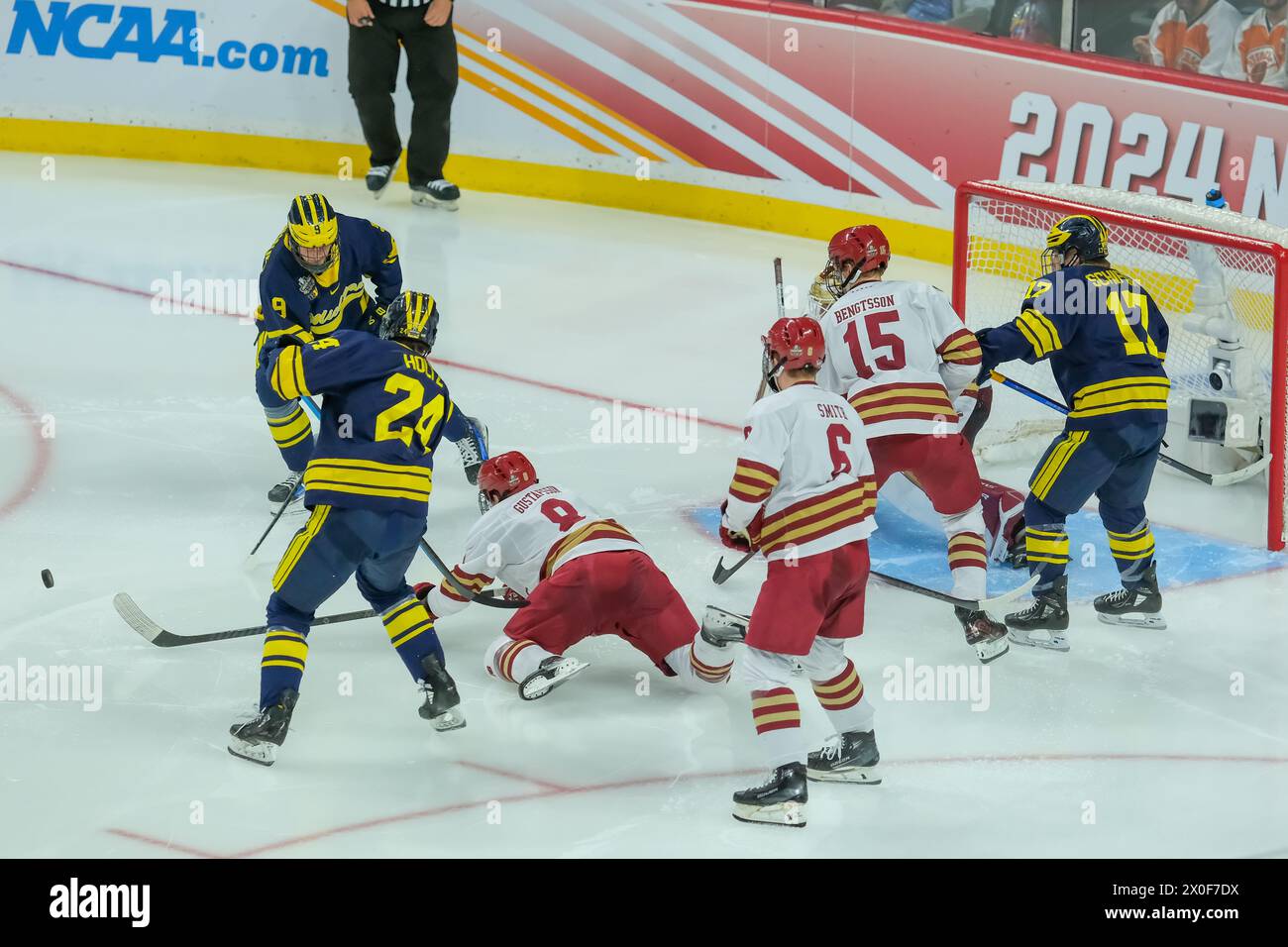 St. Paul, Minnesota, USA. 11th Apr, 2024. Boston College defenseman LUKAS GUSTAFSSON (8) moves ...