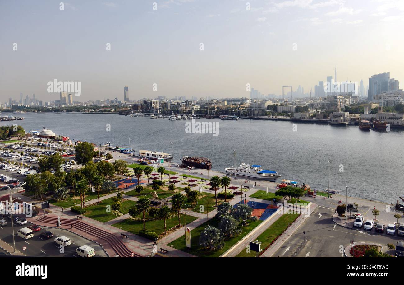 A view of the Dubai Creek and the Creek Side Park in Deira, Dubai, UAE ...