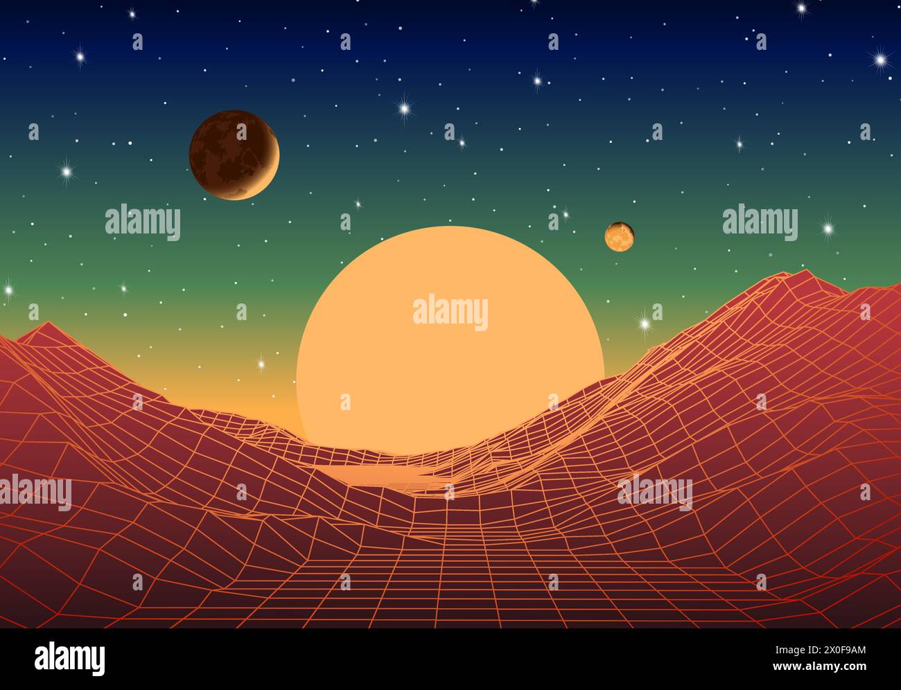 Retro futuristic landscape with mountains and sun in deep space. 80s ...