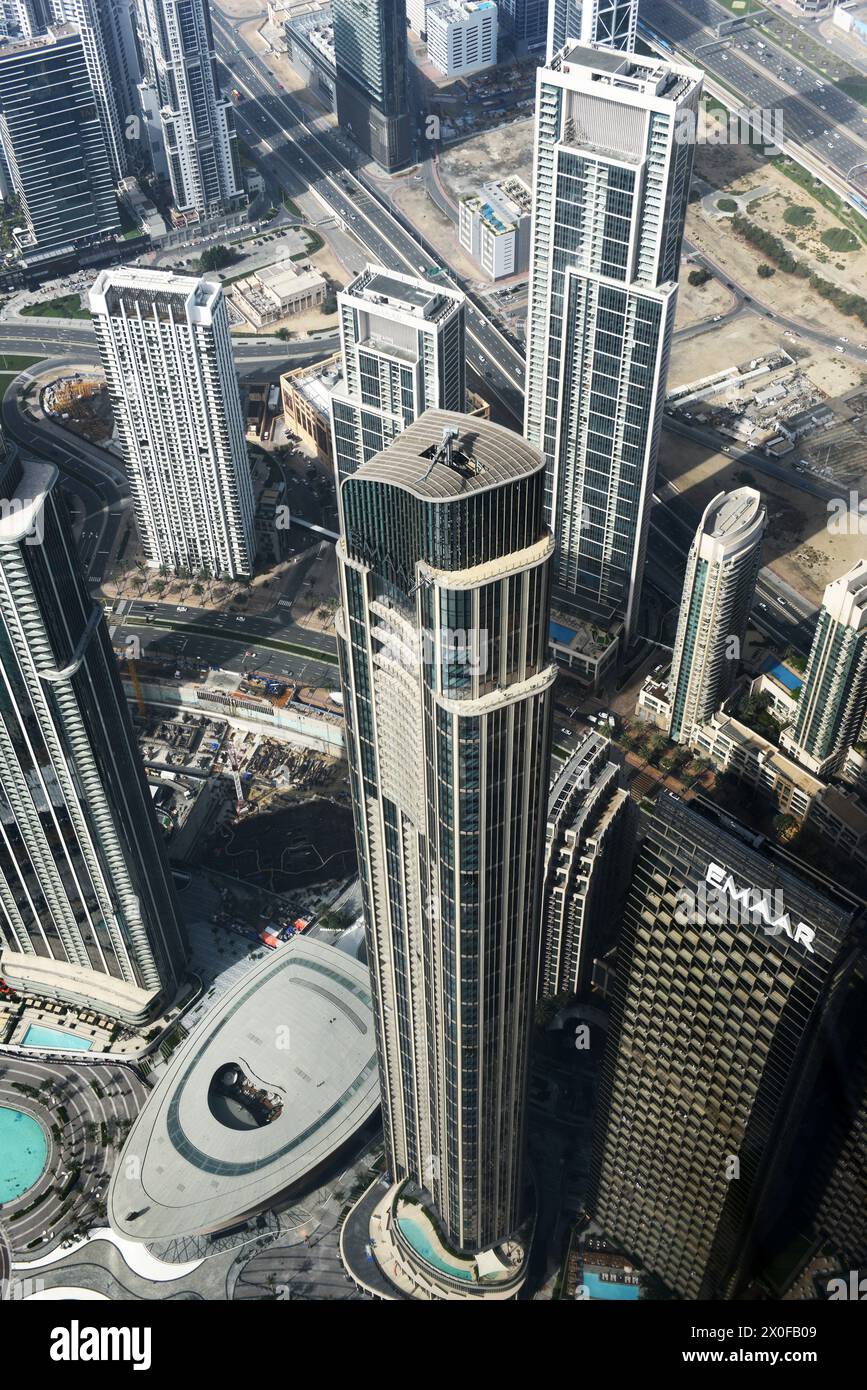 Aerial view of the Dubai opera and the towers surrounding it in ...