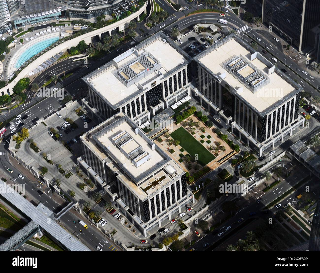 Aerial view of Emaar square buildings in downtown Dubai, UAE Stock ...