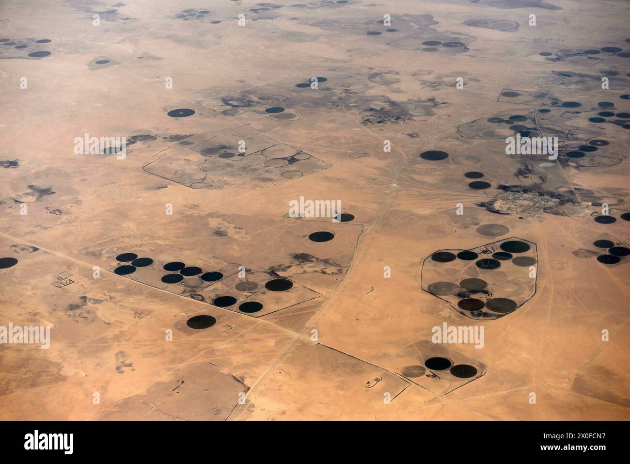 Aerial view of circular agriculture fields in the Arabian desert in ...