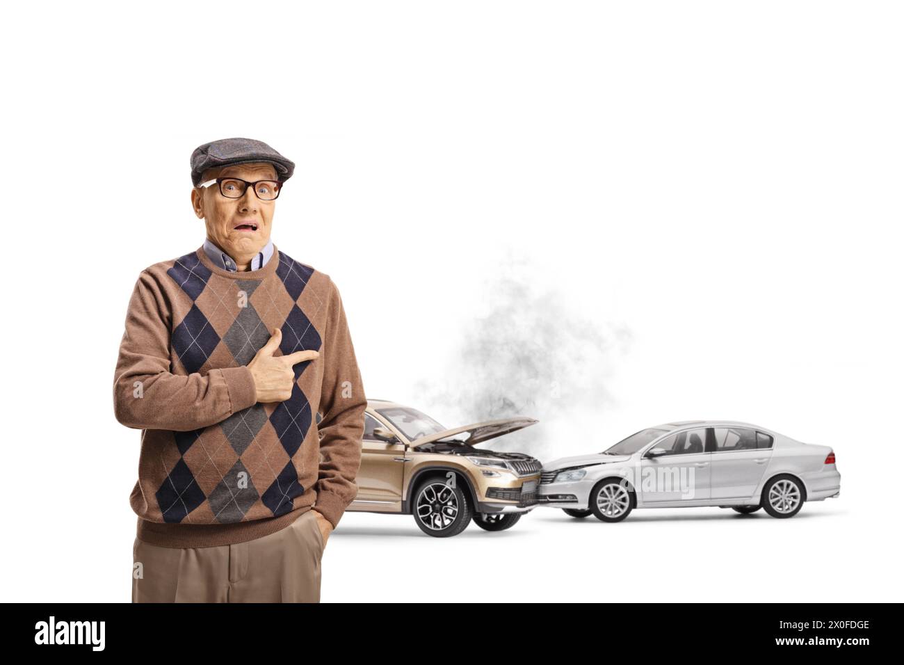 Scared senior man pointing at two vehicles in a car accident isolated ...