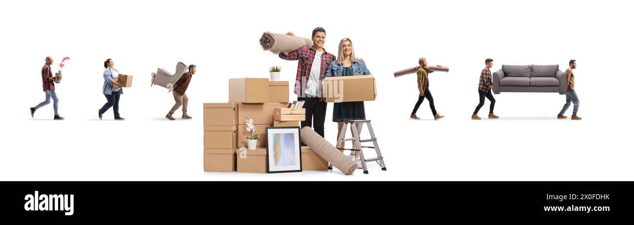 Couple with a cardboard boxes and movers in the back carrying items ...