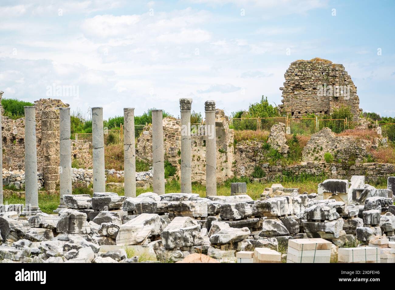 Restored ancient architectural ruins and columns of the ancient city of ...