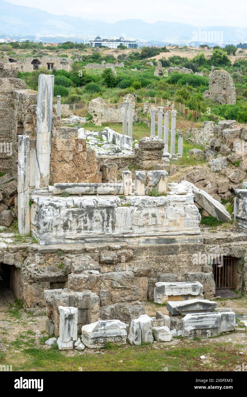 Restored ancient architectural ruins and columns of the ancient city of ...