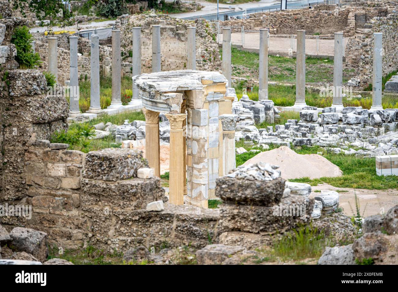 Restored ancient architectural ruins and columns of the ancient city of ...