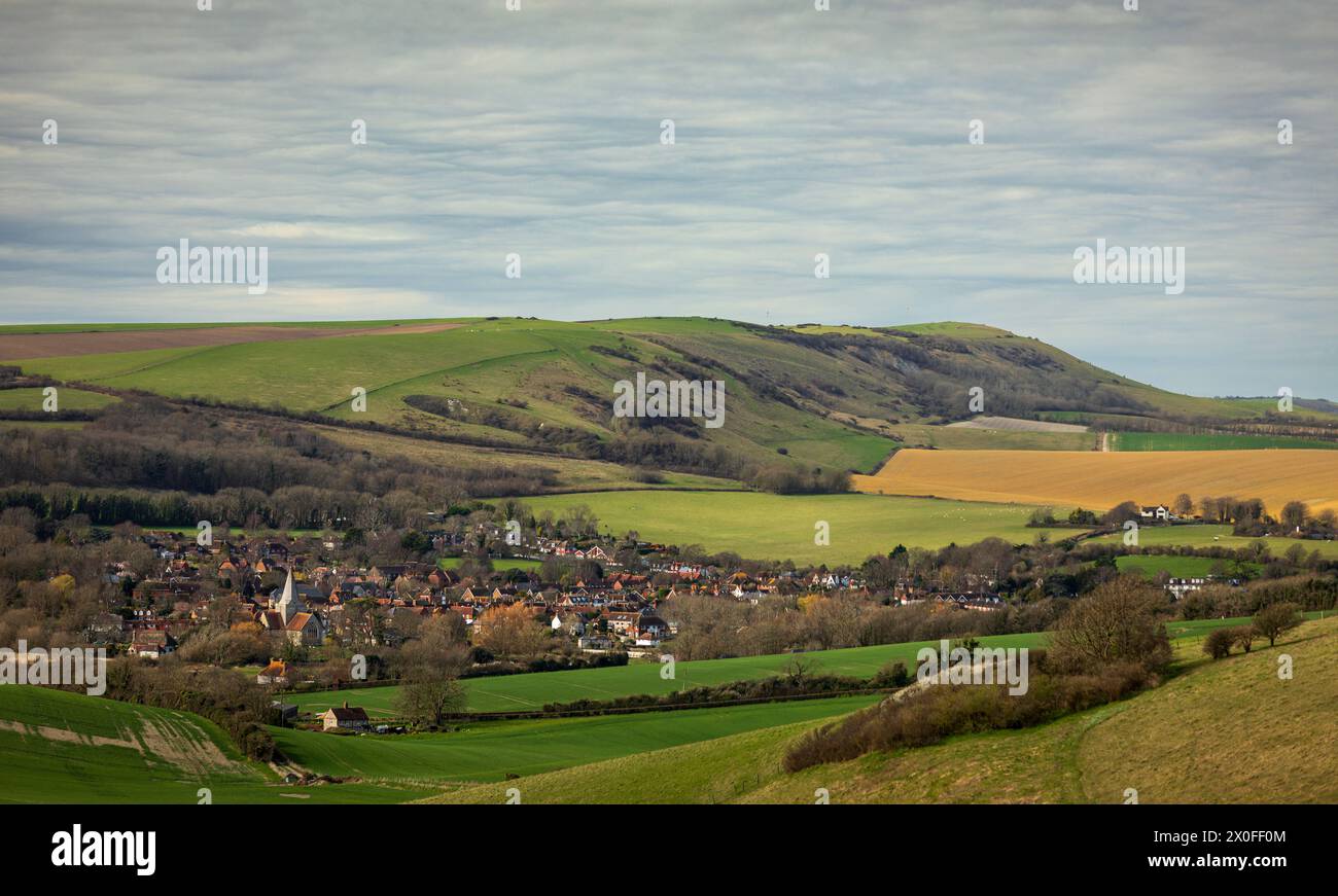 View of Alfristion village and the south downs from Wilmington Hill ...