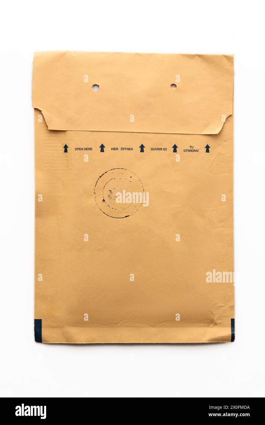 Padded envelope top view isolated on white background, cardboard bag ...