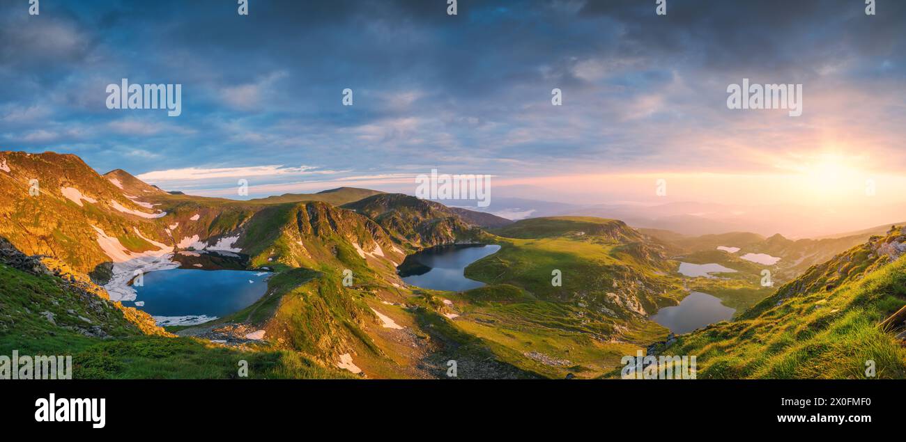Aerial panoramic view of Seven Rila lakes and waterfalls in nature of ...