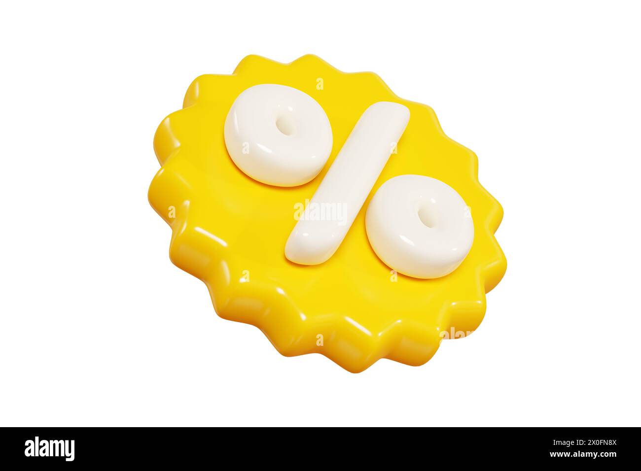 Yellow starburst sticker with percent sign floating in air. 3D render ...