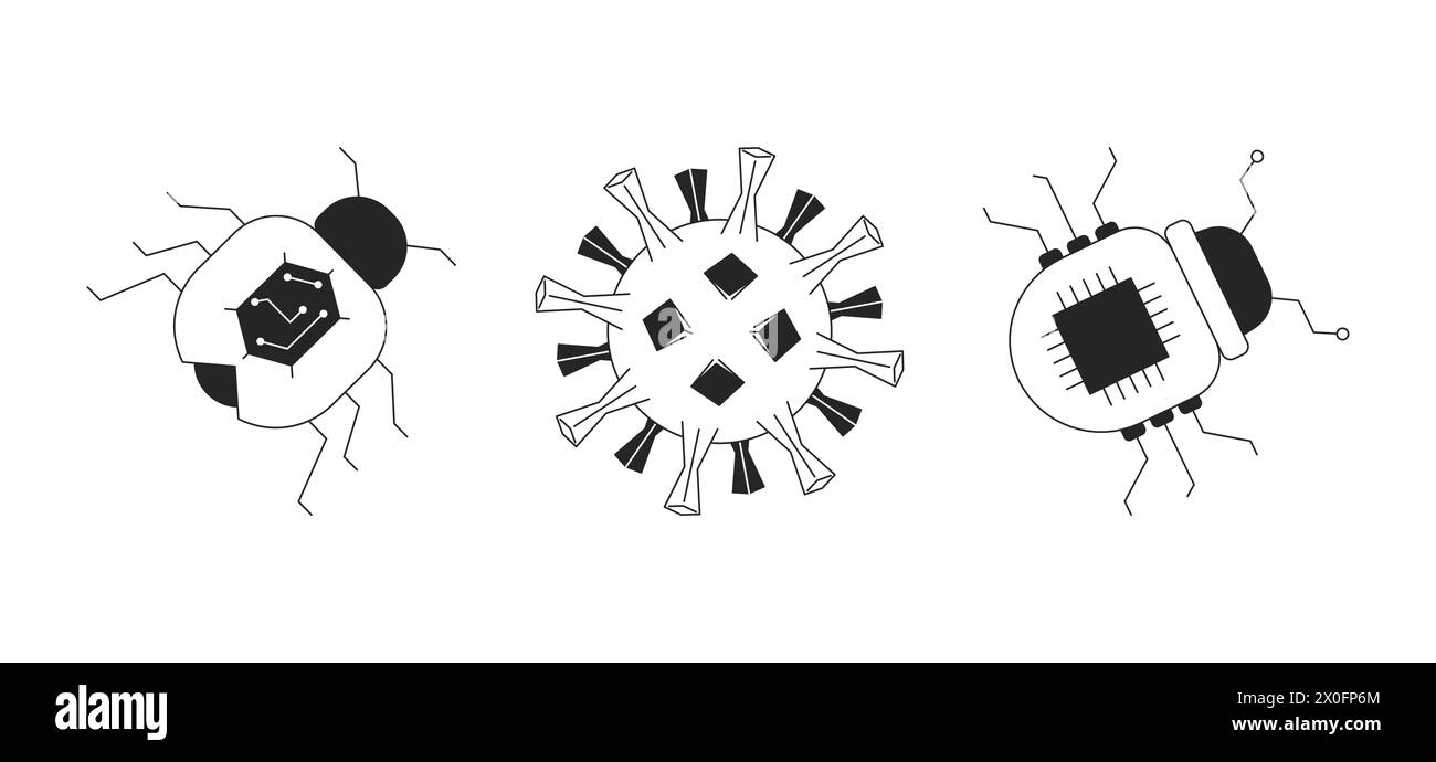 Virus computer bugs black and white 2D line cartoon objects set Stock ...