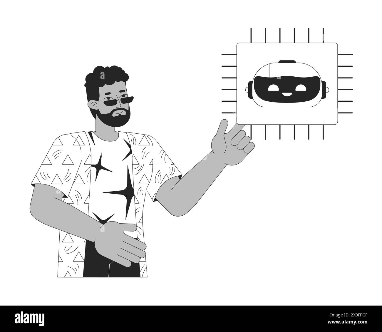 Bearded man with AI microchip black and white 2D line cartoon character Stock Vector Image & Art ...