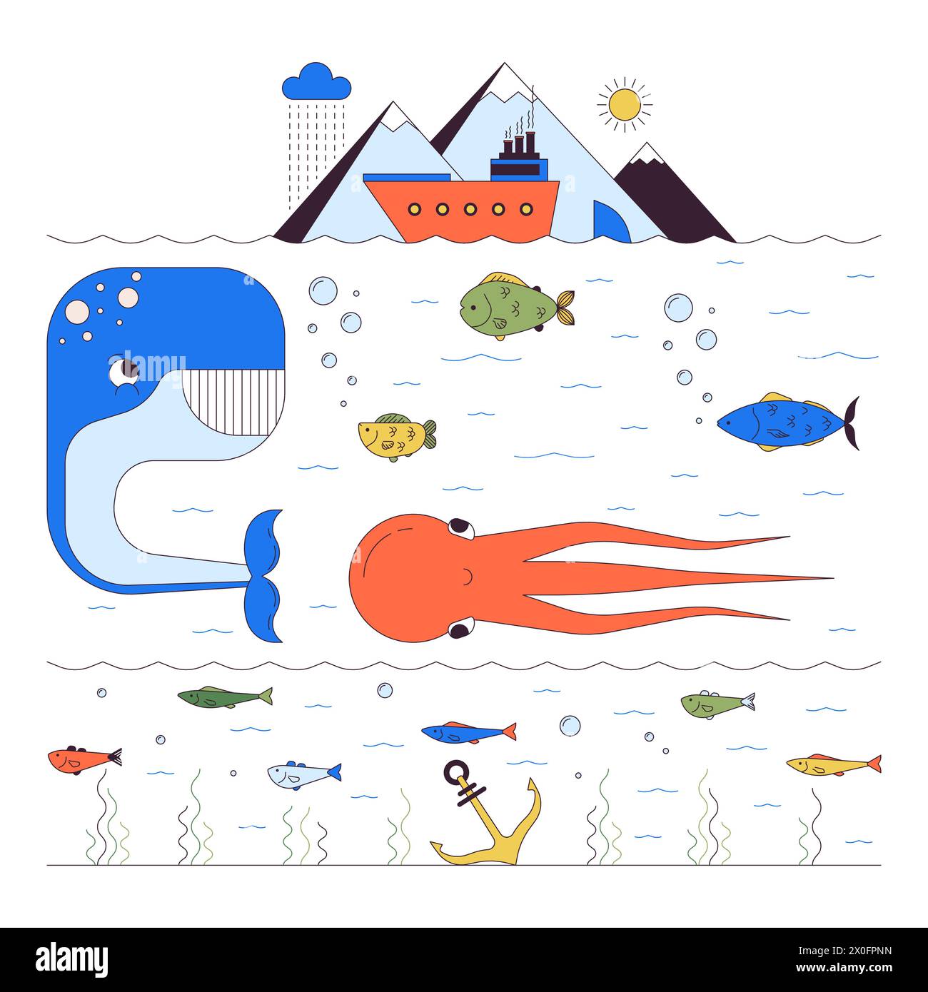 Deep Sea Life 2d Linear Illustration Concept Stock Vector Image And Art Alamy