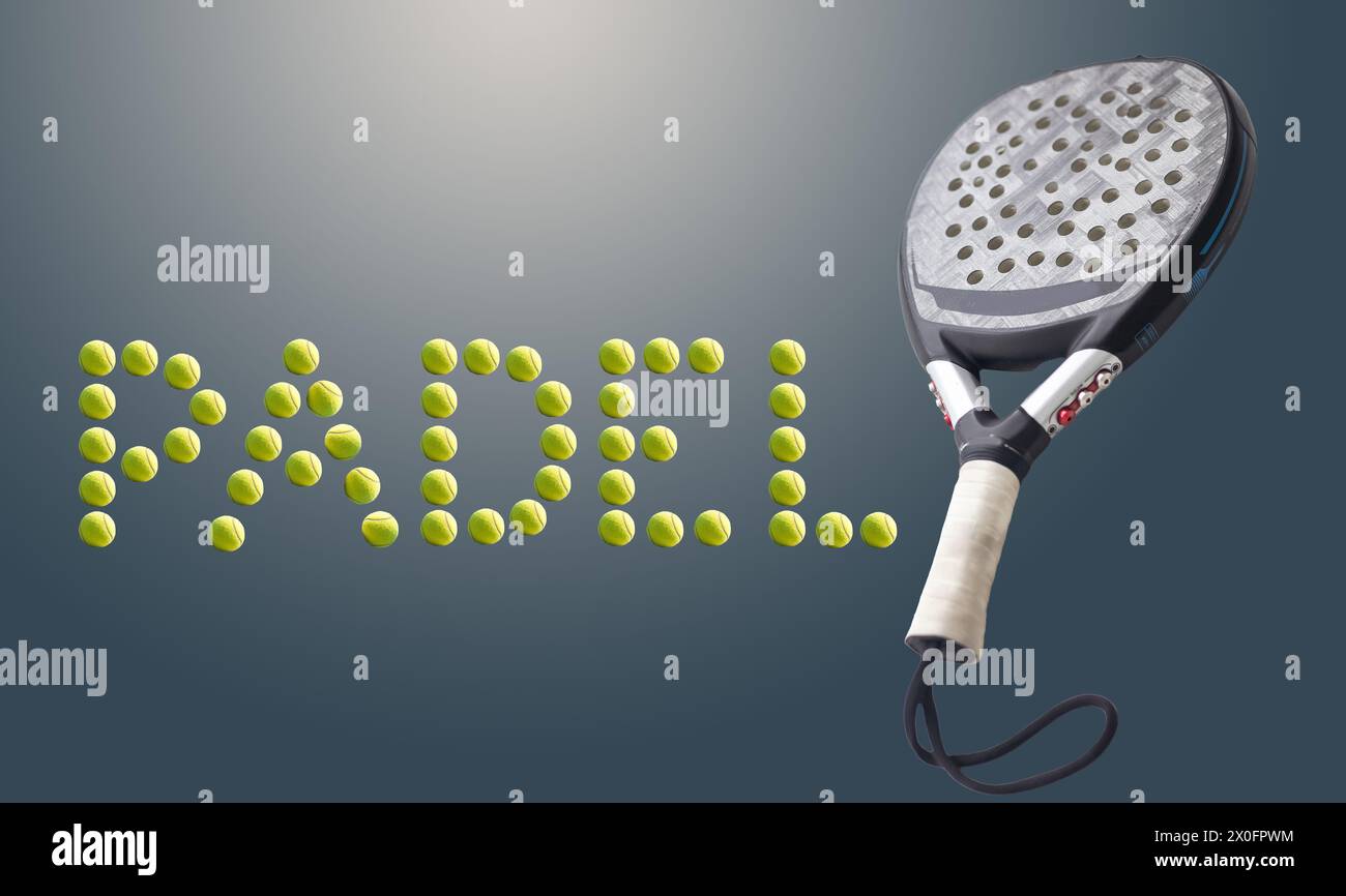 Padel tennis racket. Background with copy space. Sport court and balls ...