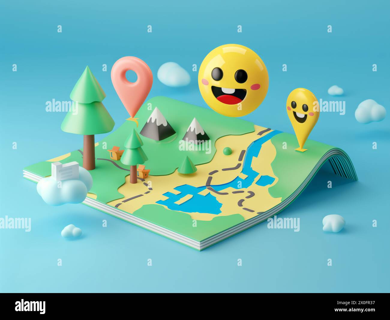 Smilie face map gps emoji 3d render happy Stock Photo - Alamy