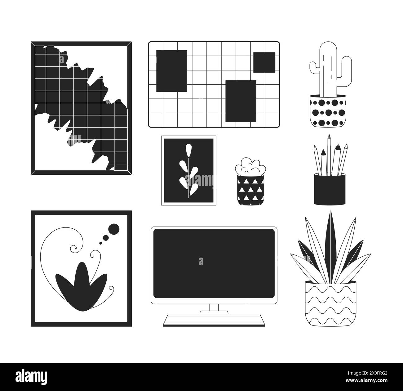 Office supplies and decor black and white 2D line cartoon objects set ...