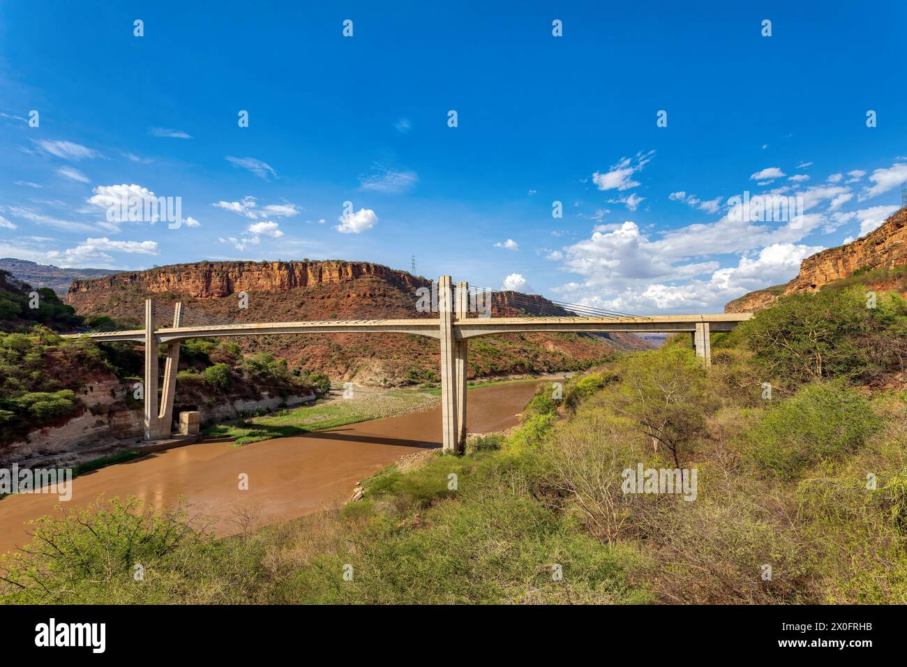 View to the valley with new bridge across mountain river Blue Nile near ...