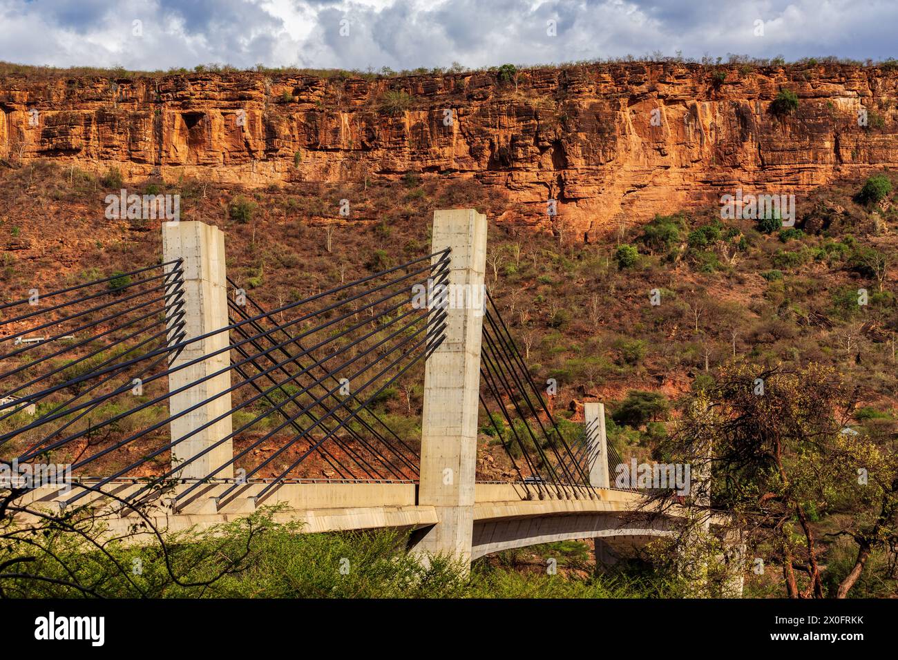 View to the valley with new bridge across mountain river Blue Nile near ...