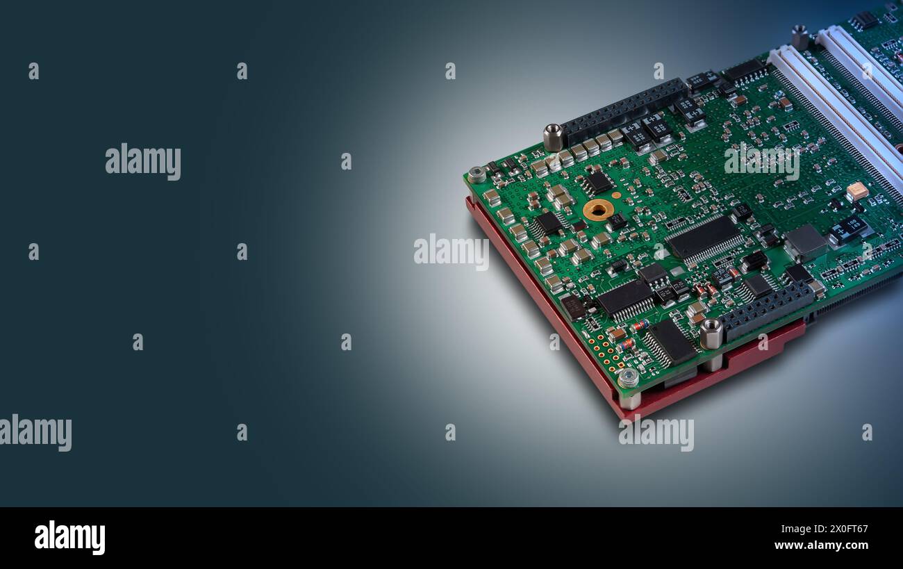 Close-up of an embedded CPU module with integrated chips and connectors ...