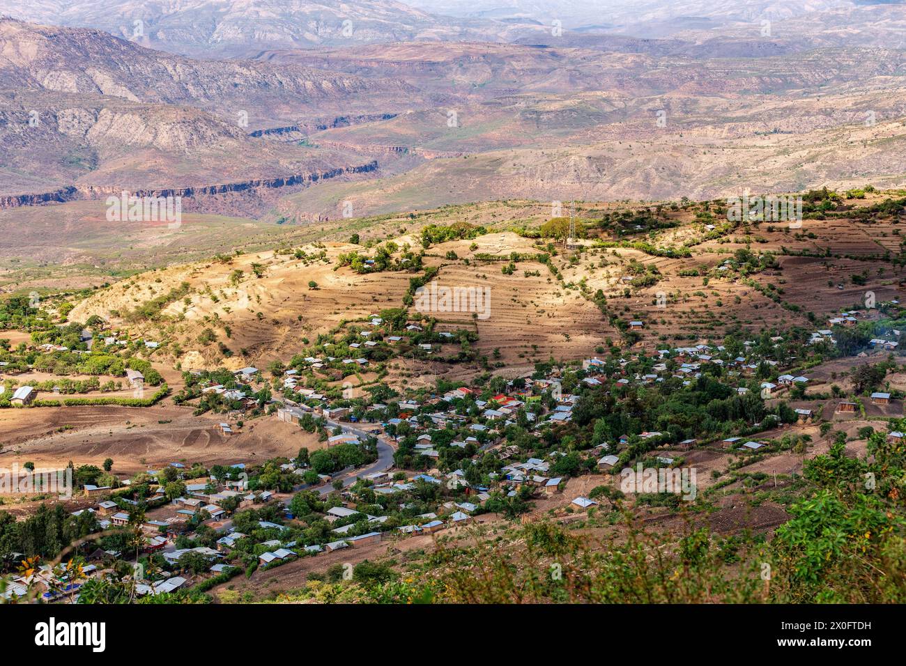 Beautiful mountain landscape with traditional ethiopian village with ...