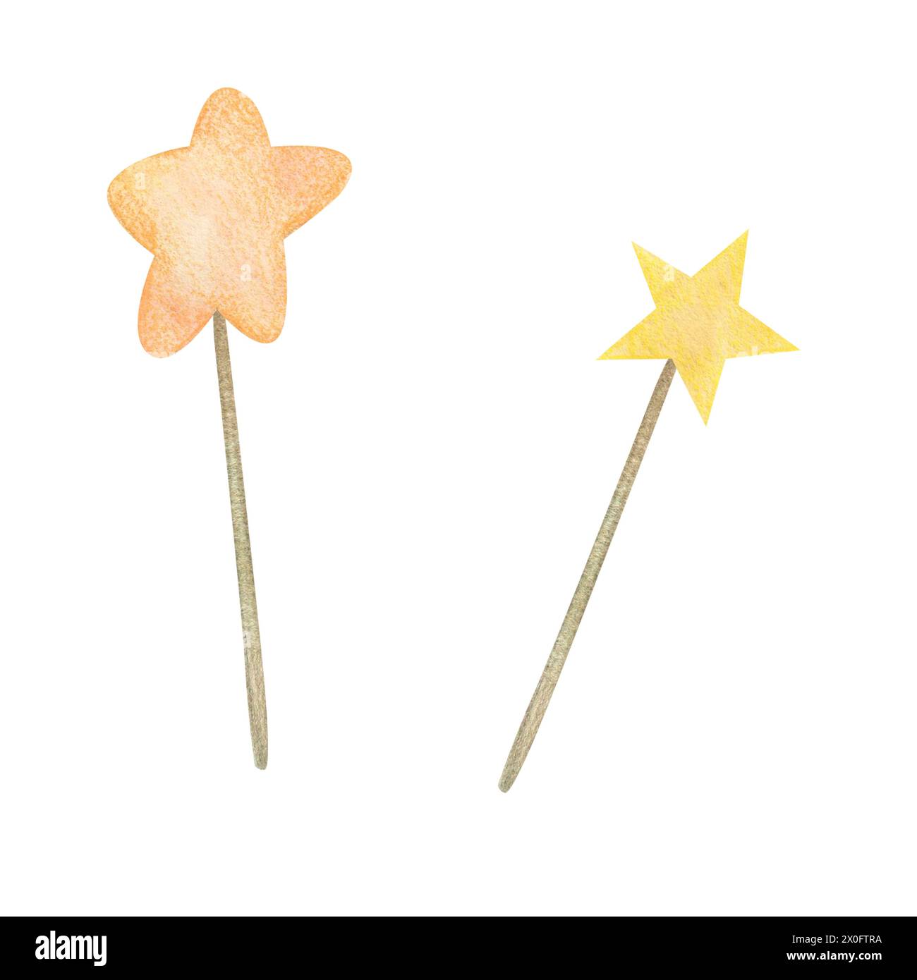 Watercolor illustration of cute yellow cartoon Magic wands with stars ...