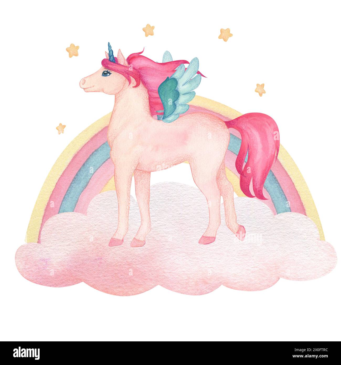Watercolor illustration of a cute standing unicorn on clouds with ...