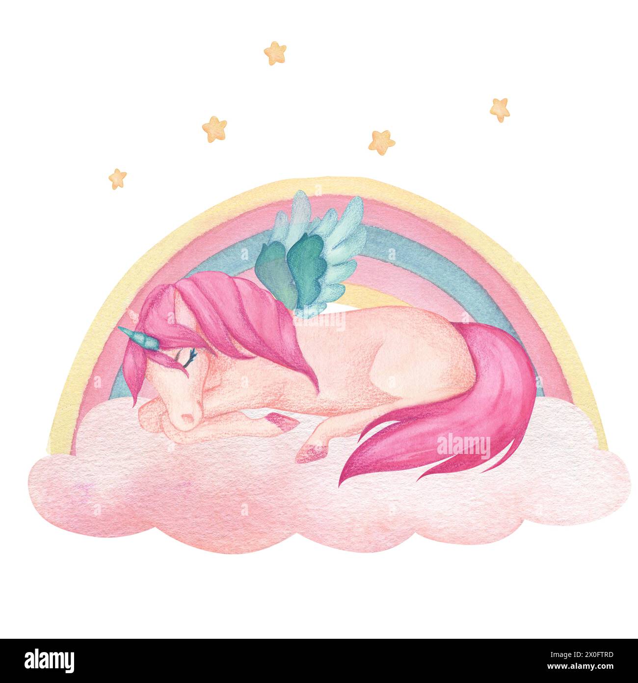 Watercolor illustration of a cute sleeping unicorn with wings on clouds ...