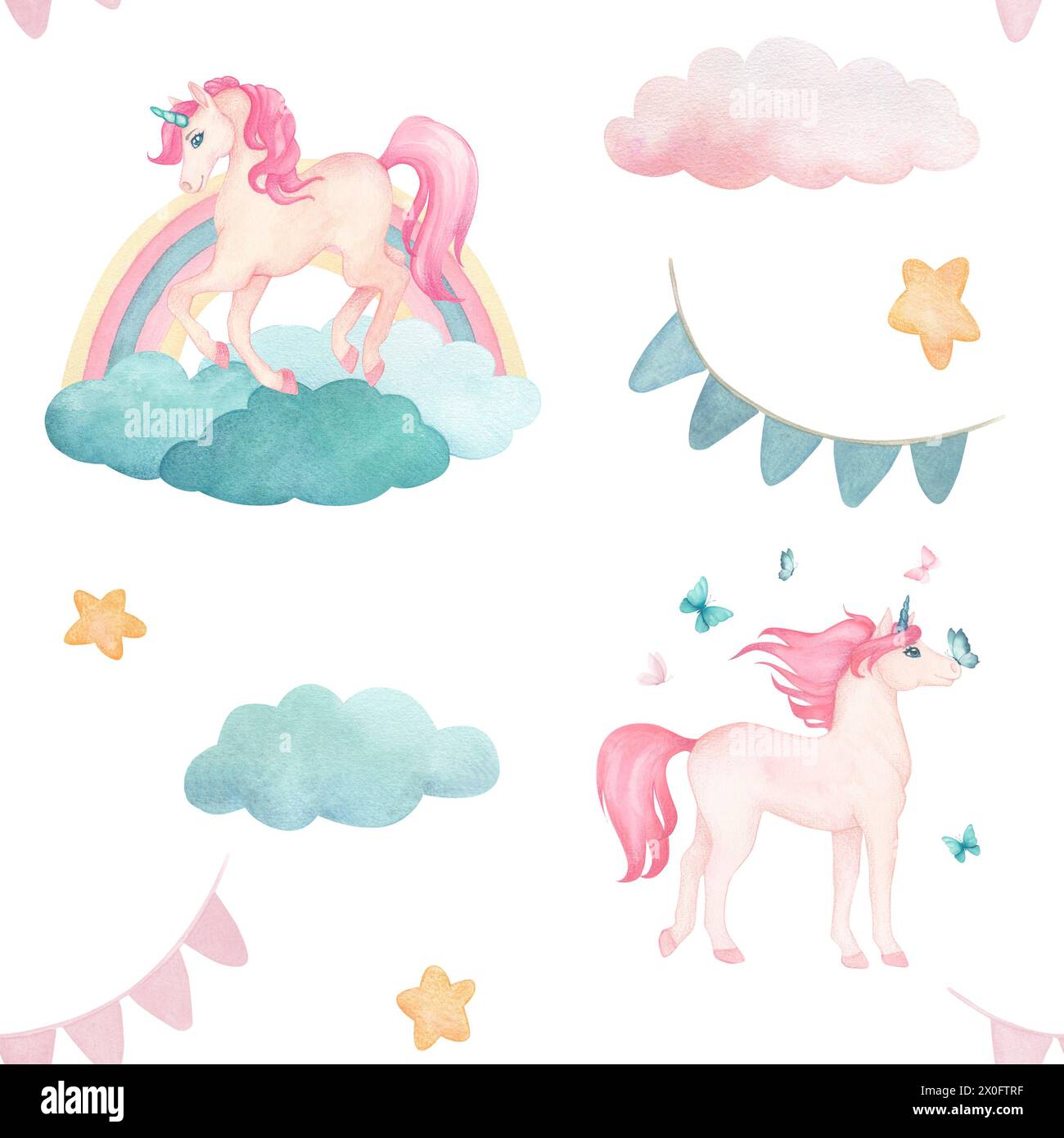 Watercolor seamless pattern with illustration of a cute unicorns on ...