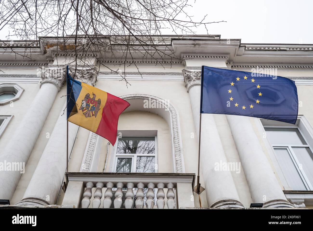 Moldovan and European flags on the facades of official buildings in the ...