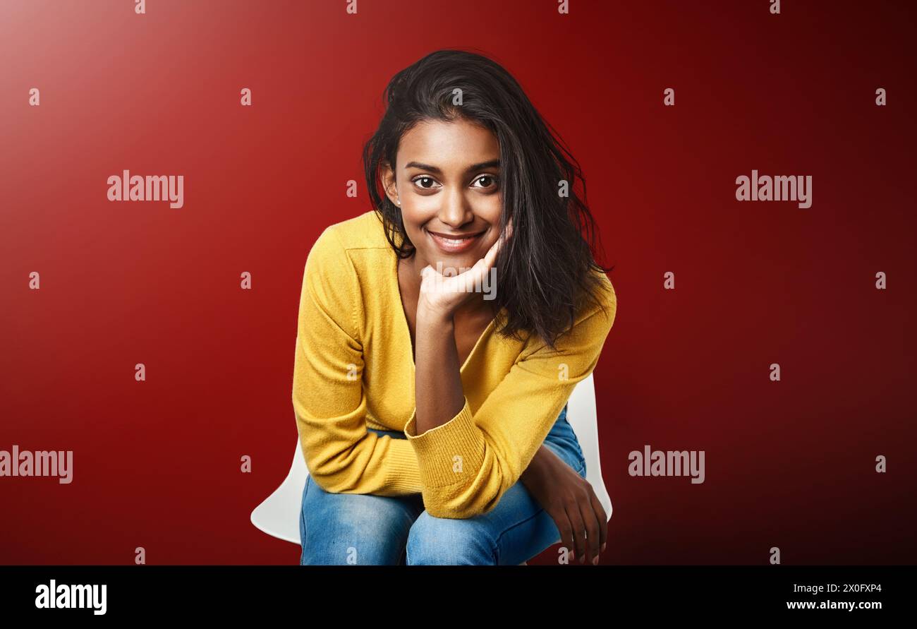 Recruitment, portrait or Indian girl in waiting room for hr meeting ...