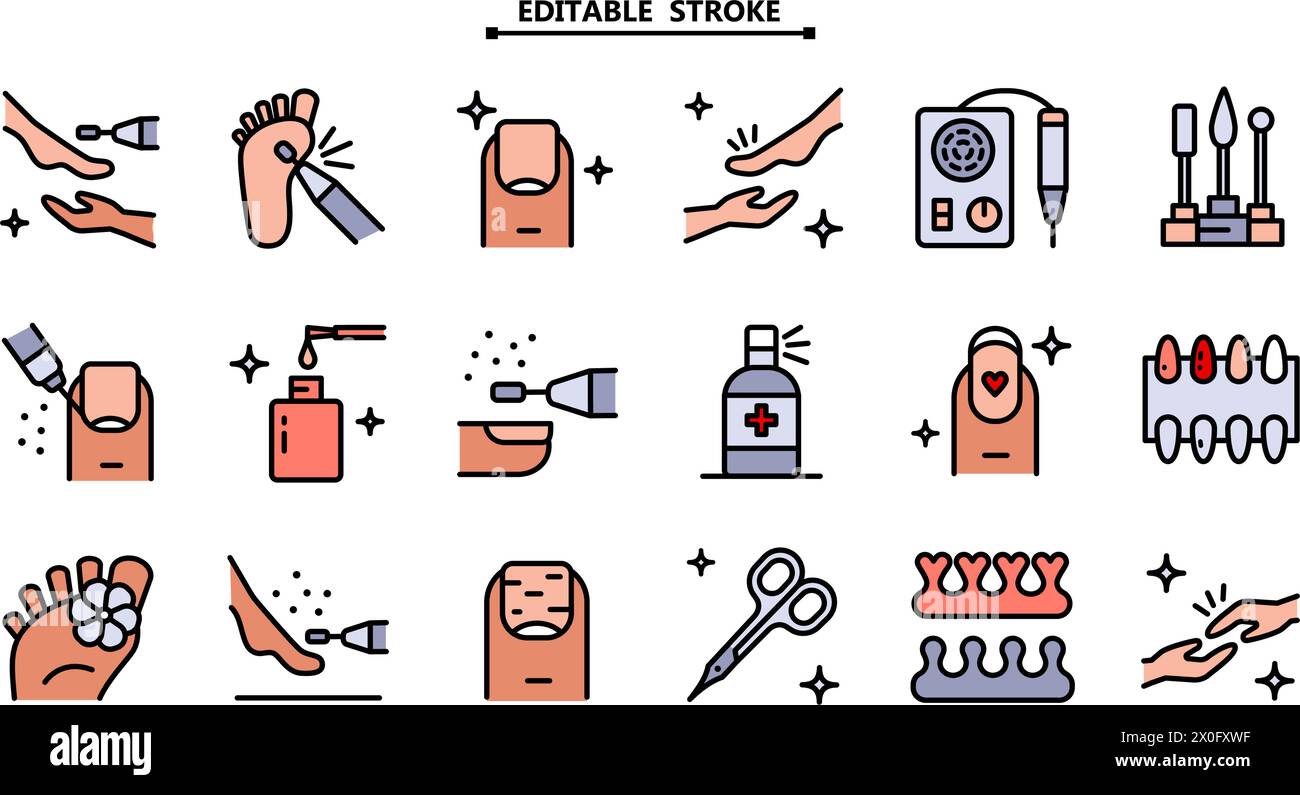 Hardware pedicure color icons set. Foot care icon, hand with leg ...