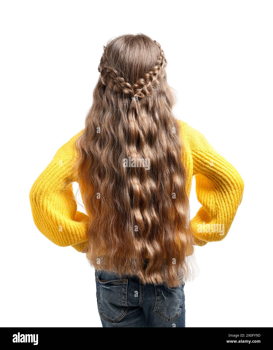 Little girl with braided hair on white background, back view Stock ...