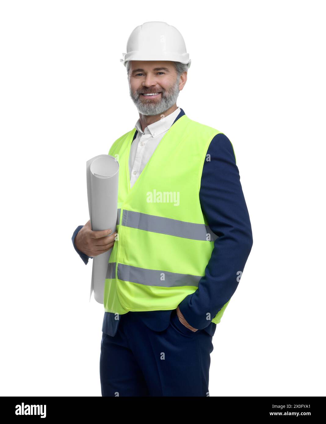 Architect in hard hat holding draft on white background Stock Photo - Alamy