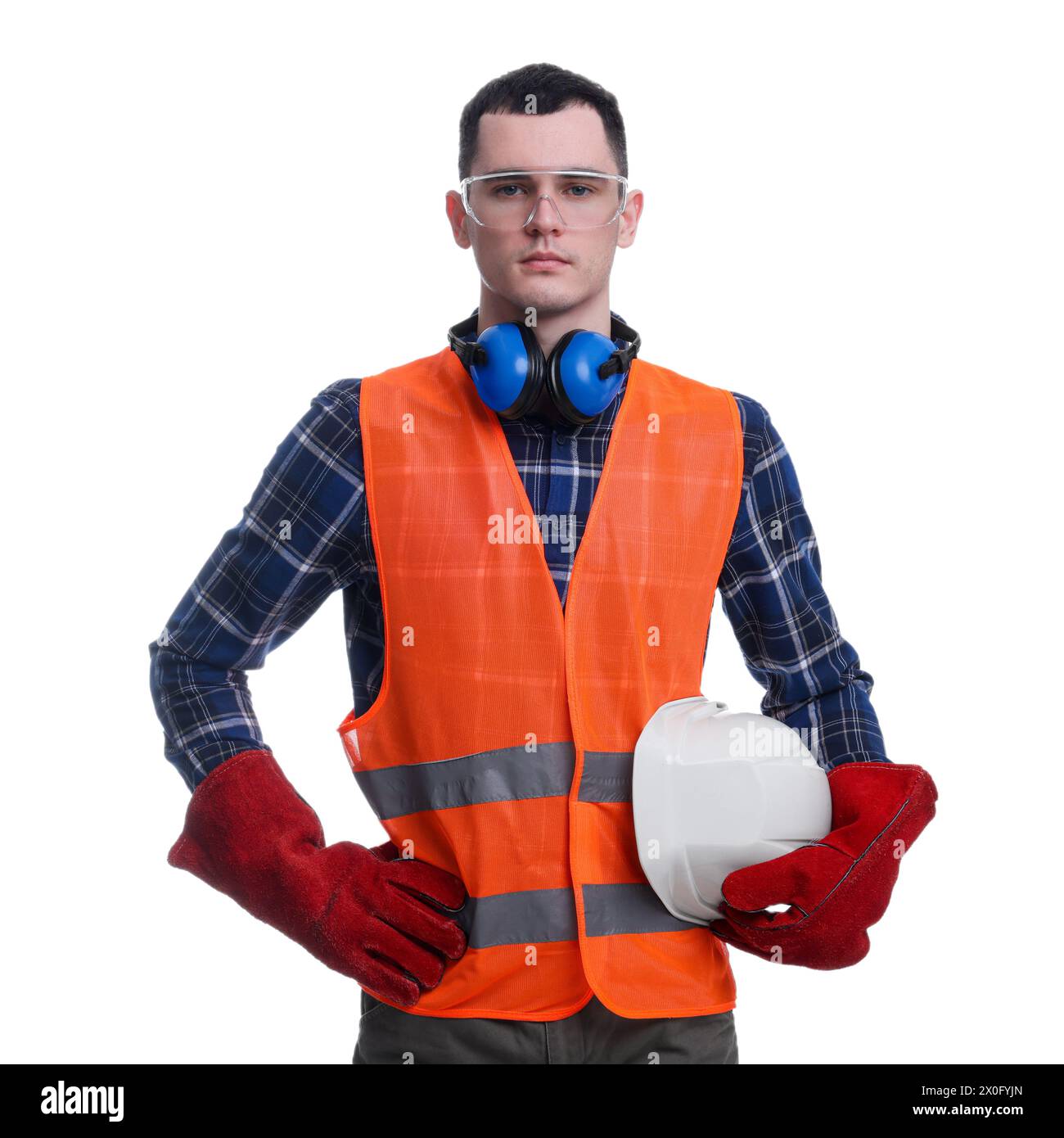 Young man wearing safety equipment on white background Stock Photo - Alamy