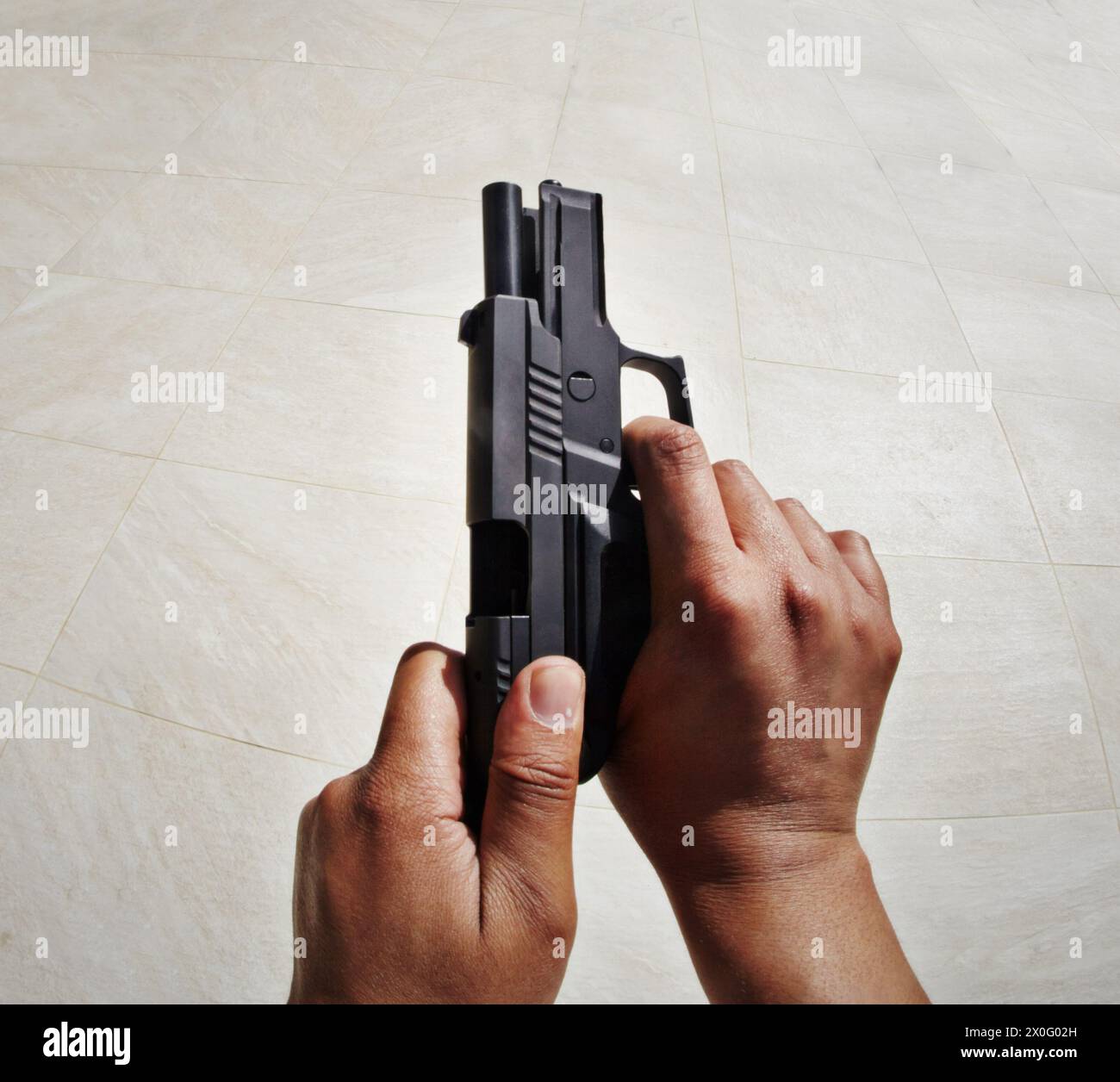 Top view, hands and man with gun white background for target, practice ...