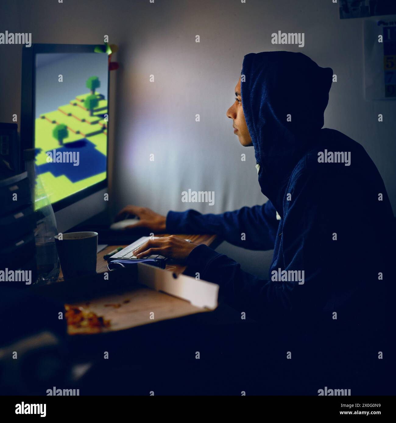 Computer, game and man in dark bedroom with junk food, playing and ...